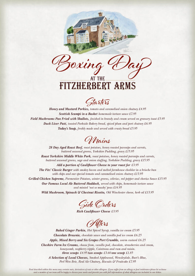 Boxing Day Menu | The Fitzherbert Arms