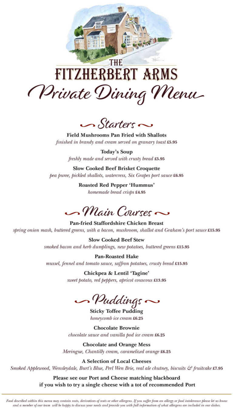 Menu Information | The Fitzherbert Arms
