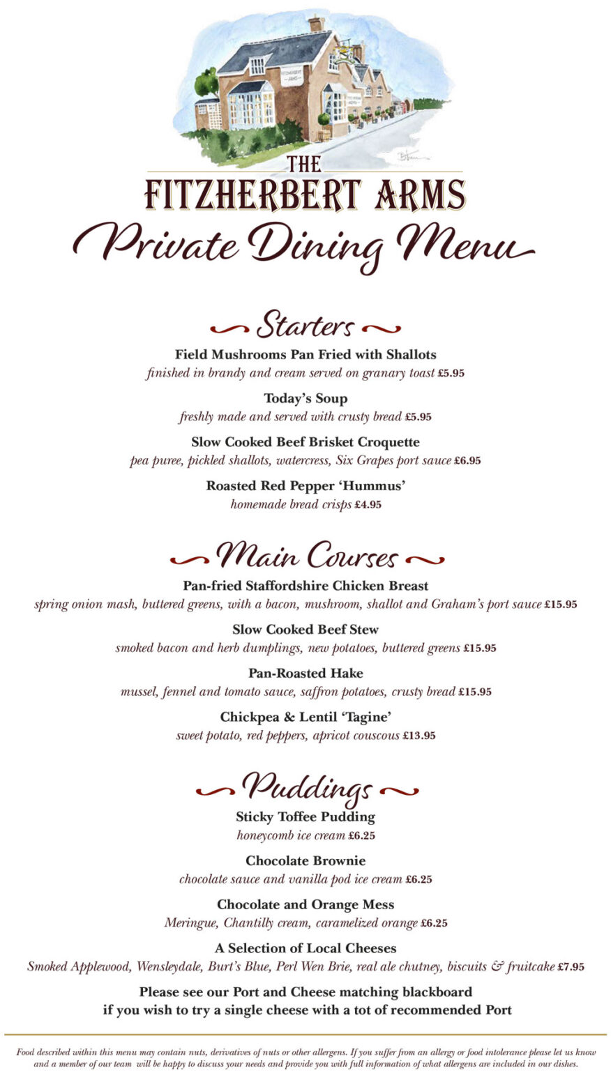 Menu Information | The Fitzherbert Arms