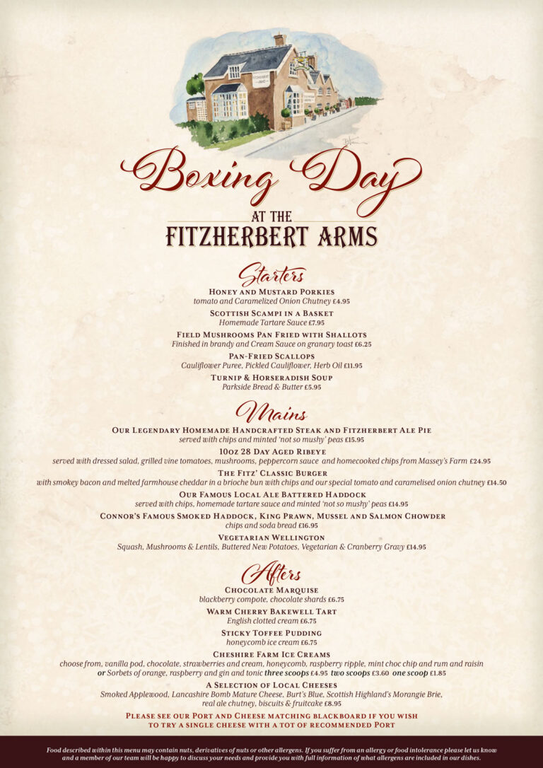 Boxing Day Menu | The Fitzherbert Arms