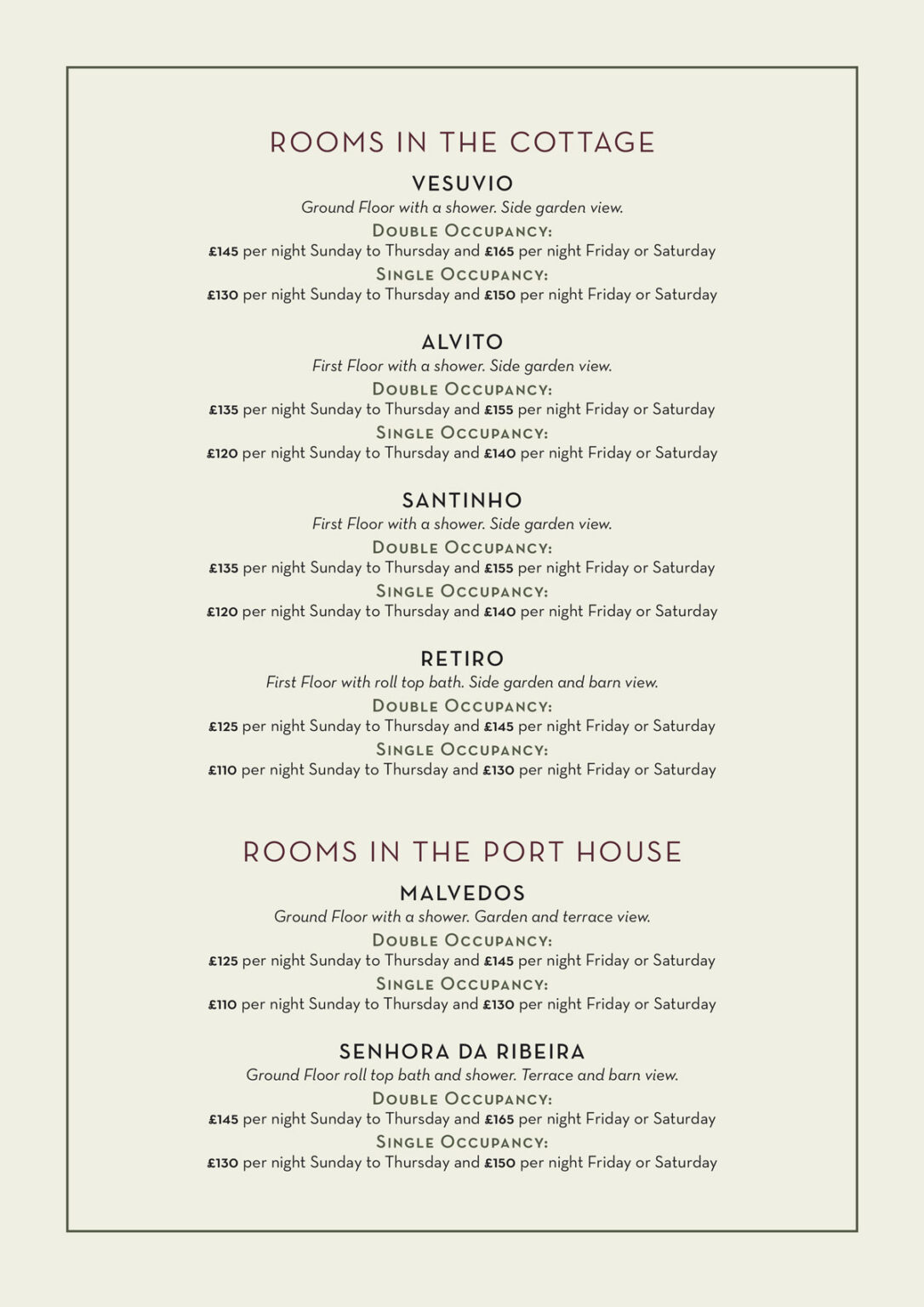 Room Tariff | The Fitzherbert Arms